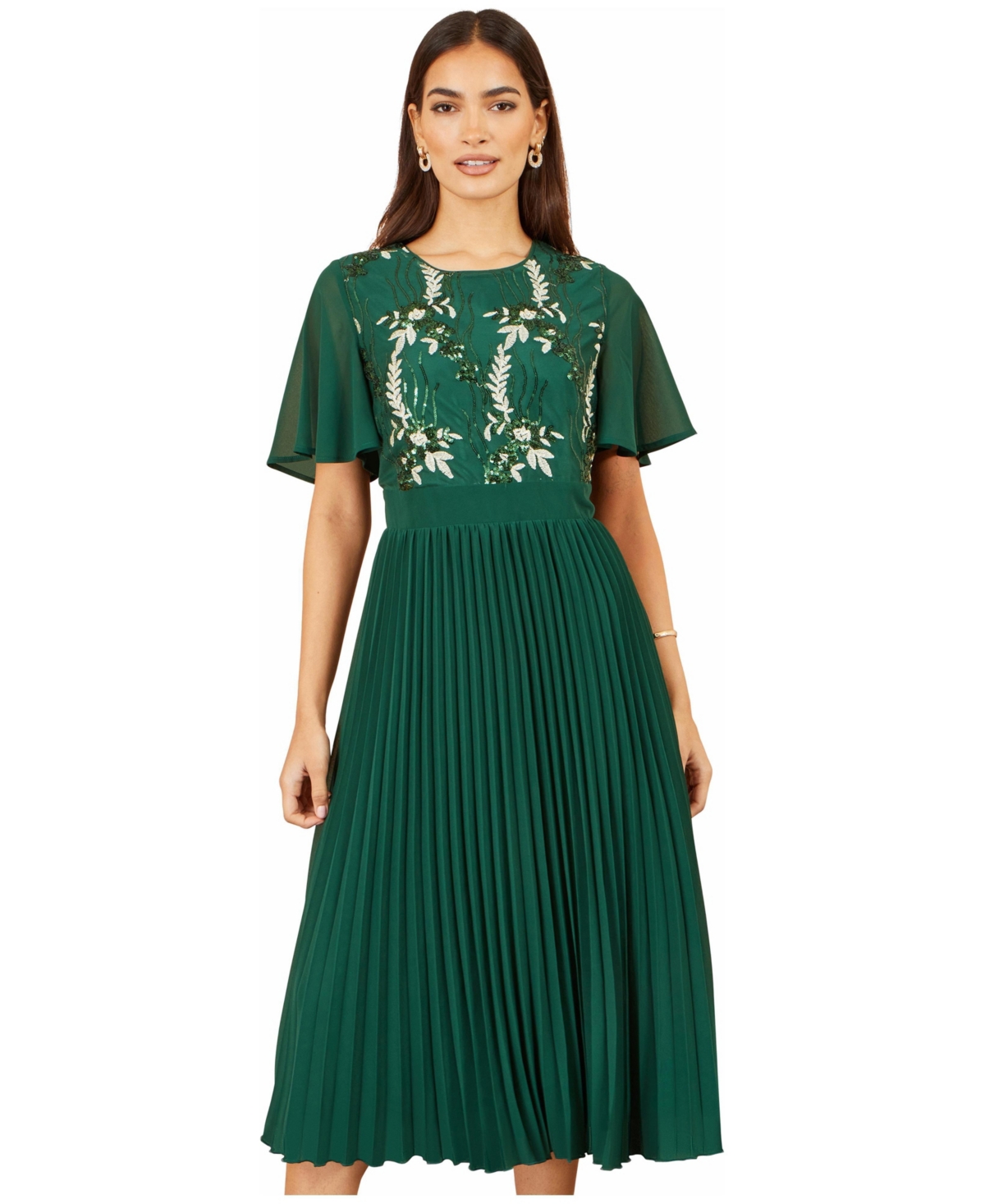 Click here for Yumi Womens Sequin-Floral Pleated Midi Dress - Gre... prices