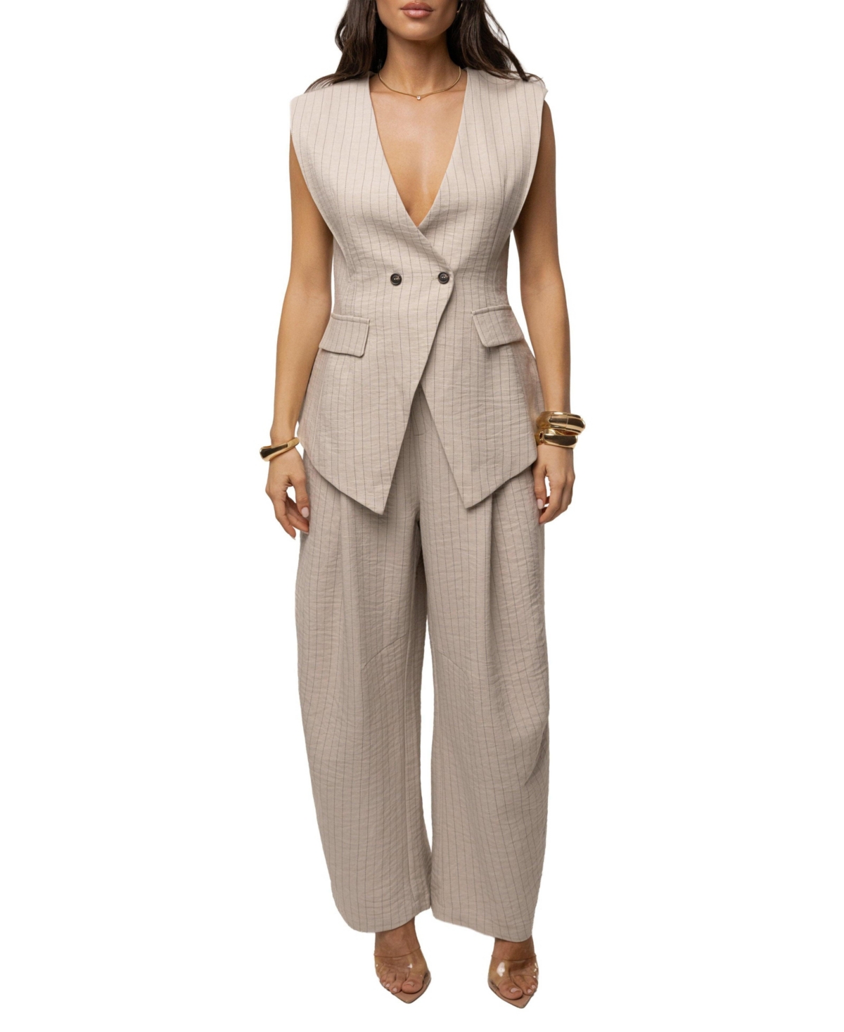 Click here for Jluxlabel Womens Power Pinstripe Pant Set - Beige prices
