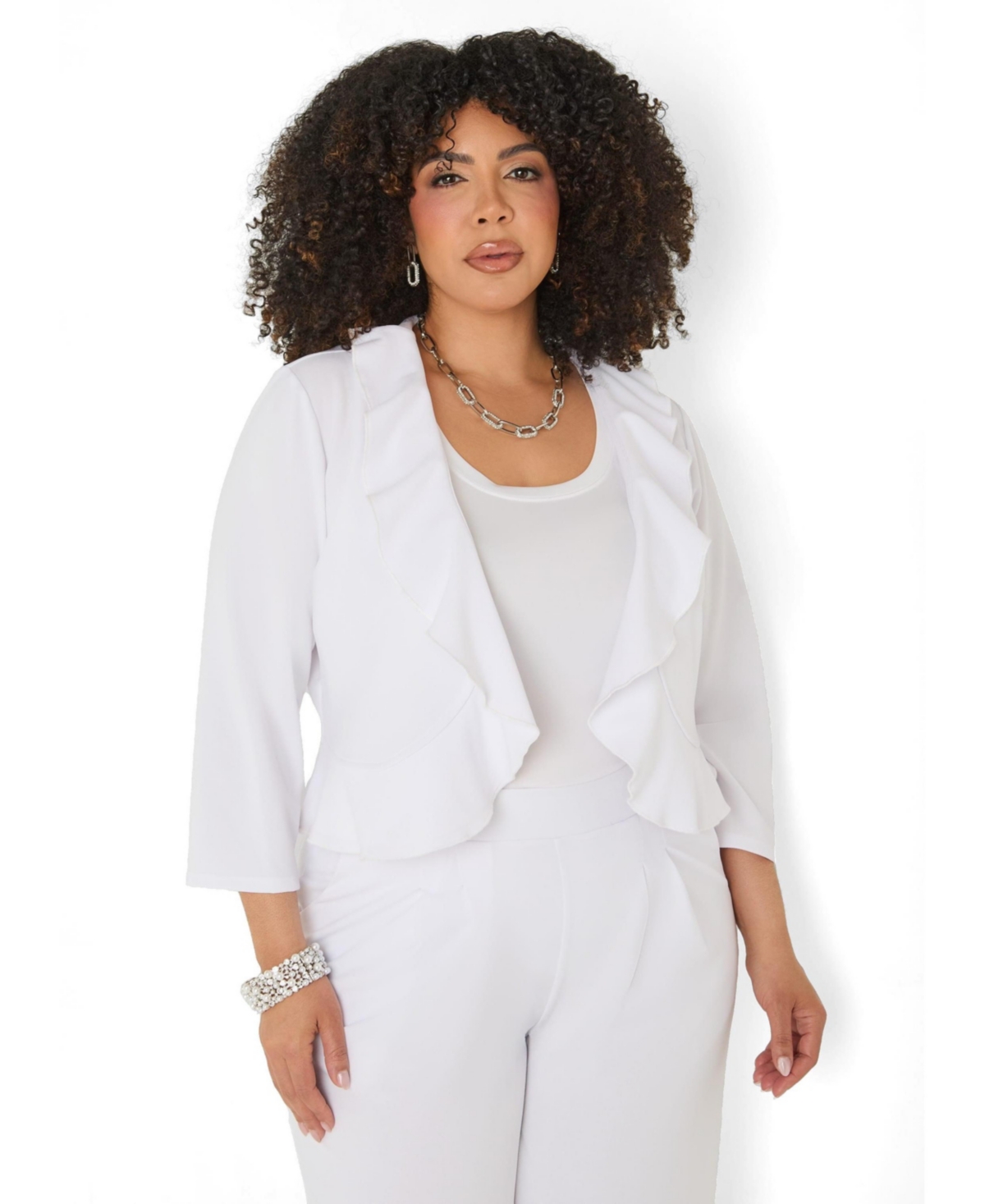 Click here for Ashley Stewart Plus Size Ruffled Open Front Jacket... prices