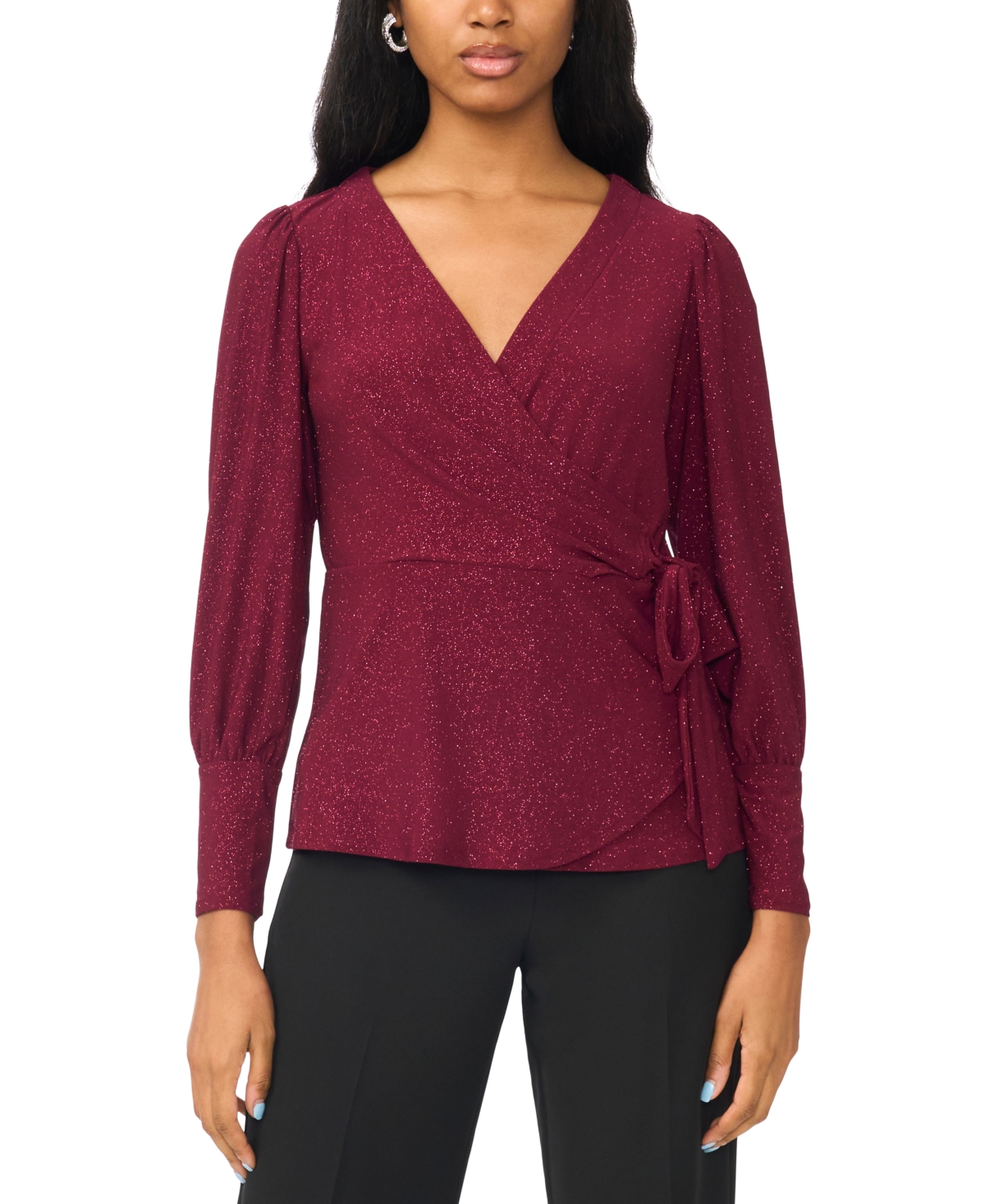 Click here for Msk Womens Faux-Wrap Long-Sleeve Top - Zinfandel prices