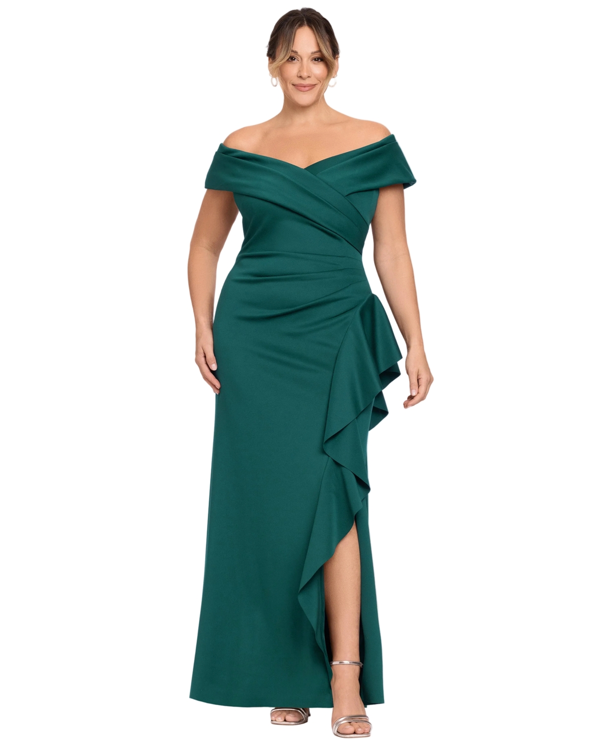 Click here for Xscape Plus Size Off-The-Shoulder Ruffle Sheath Go... prices
