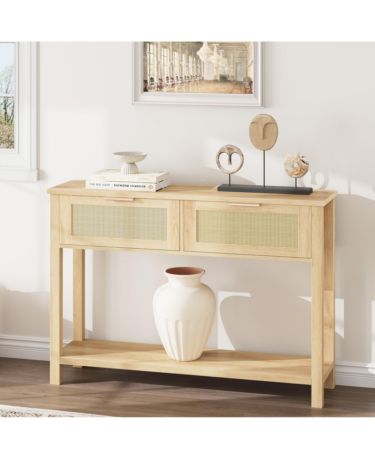 Click here for homfan Boho Rattan Console Table with 2 Drawers -... prices