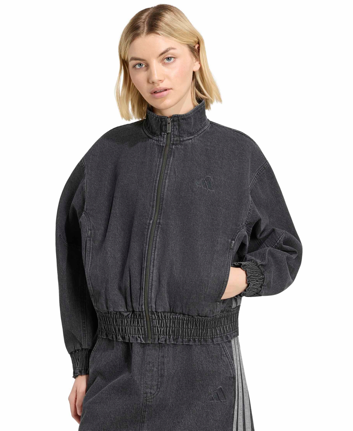 Click here for adidas Womens Stadium Washed Denim Bomber Loose-Fi... prices