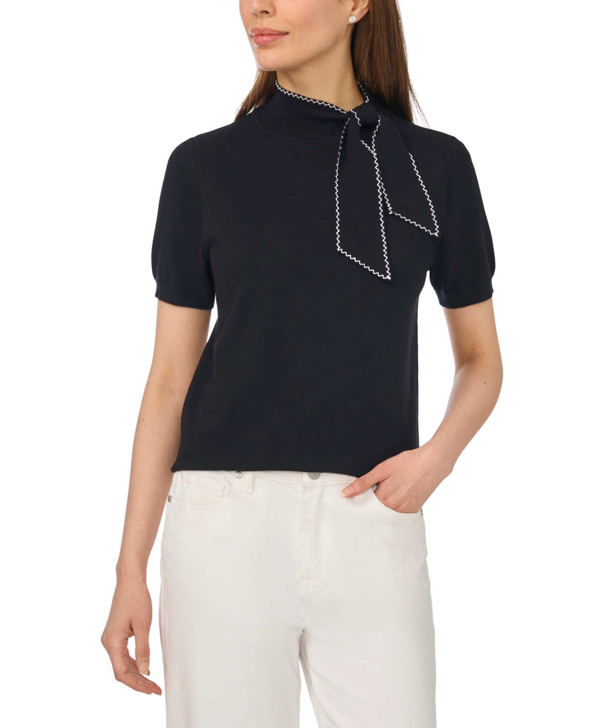 Click here for CeCe Womens Scarf Tie Mock Neck Short-Sleeve Visco... prices