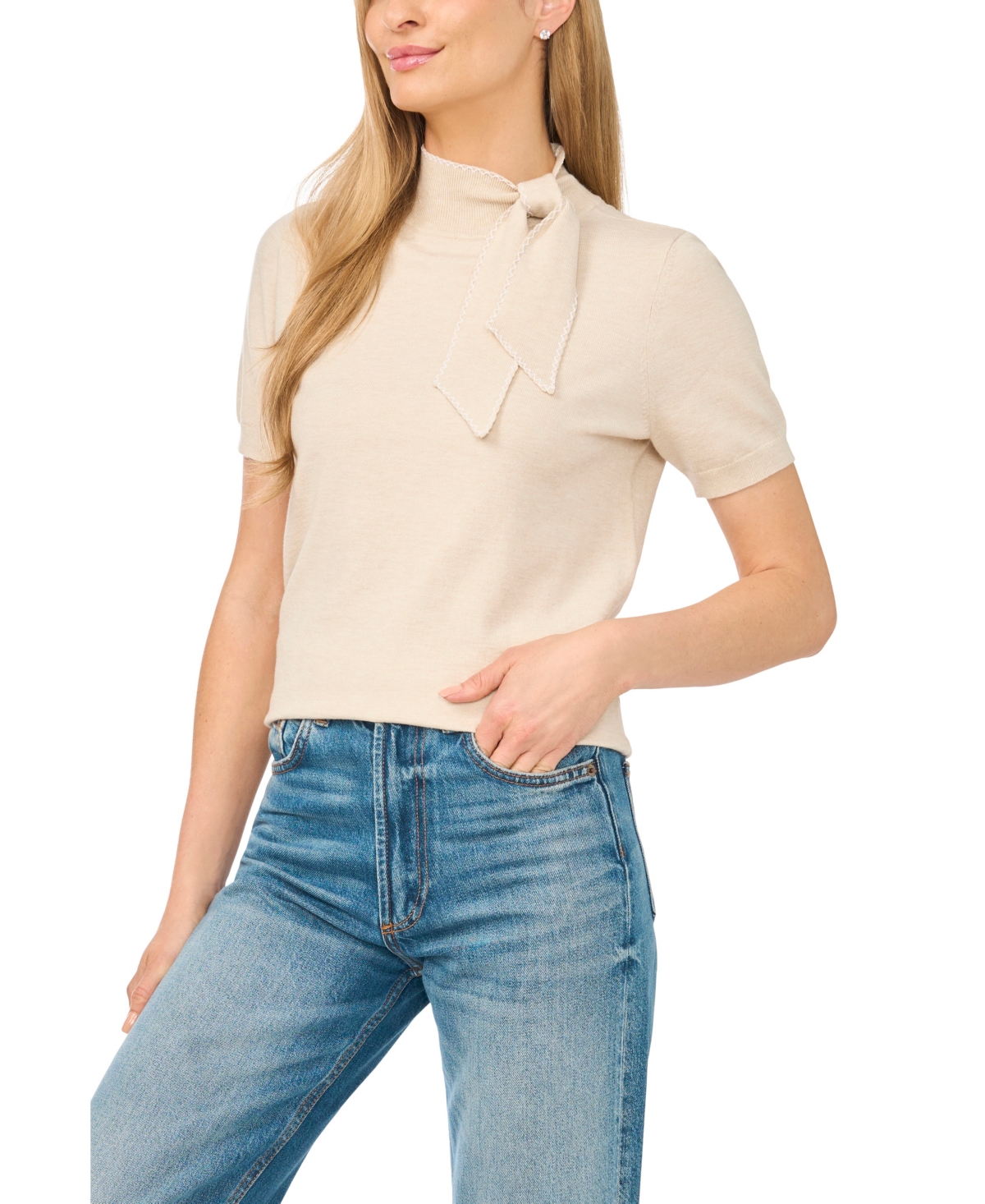 Click here for CeCe Womens Scarf Tie Mock Neck Short-Sleeve Visco... prices