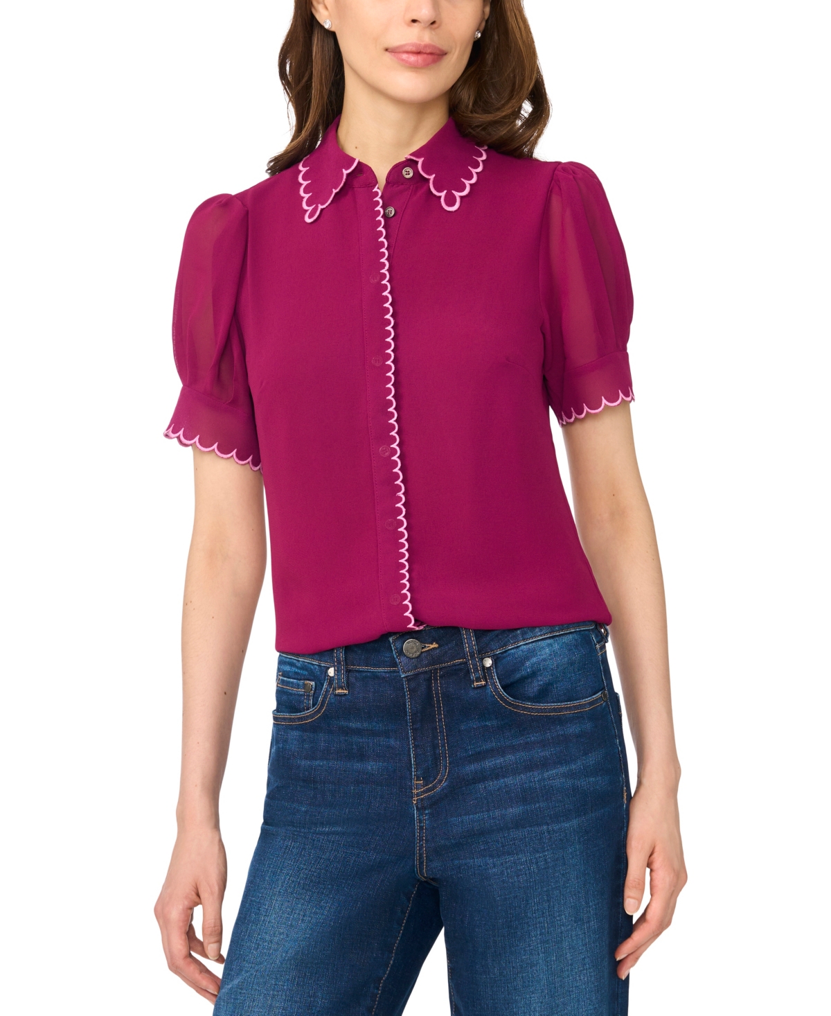 Click here for CeCe Womens Scallop Contrast Trim Button Up Top -... prices