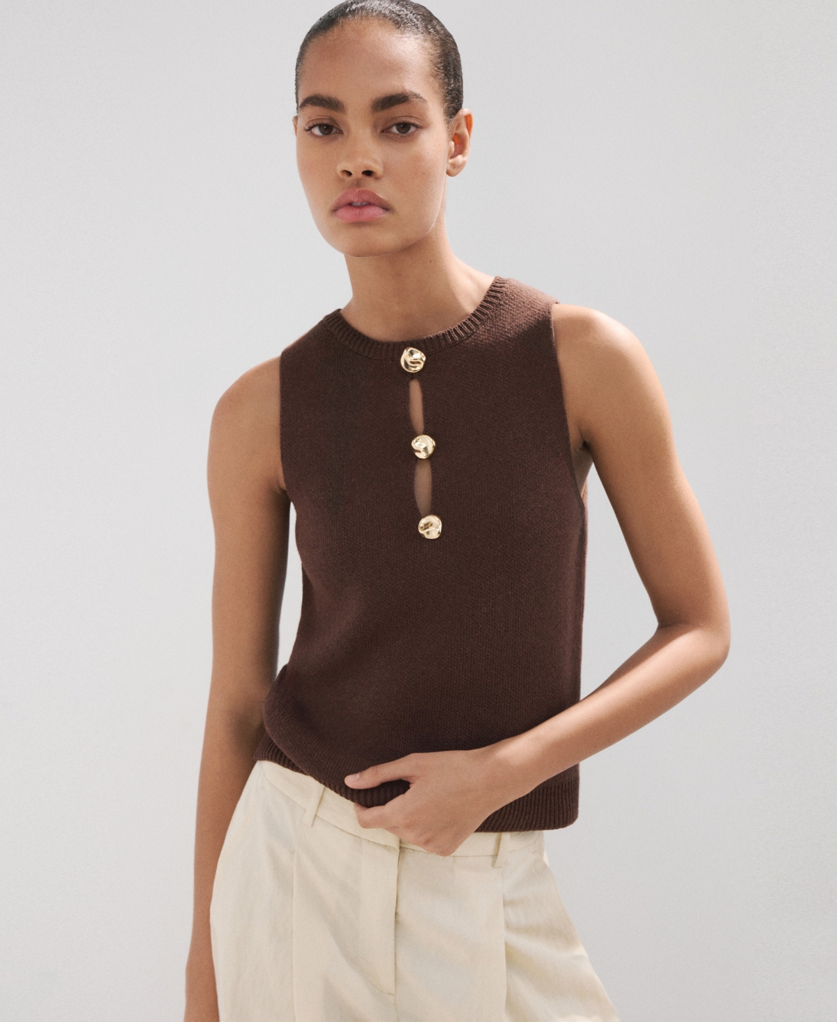 Click here for Mango Womens Bead Detail Knit Top - Brown prices