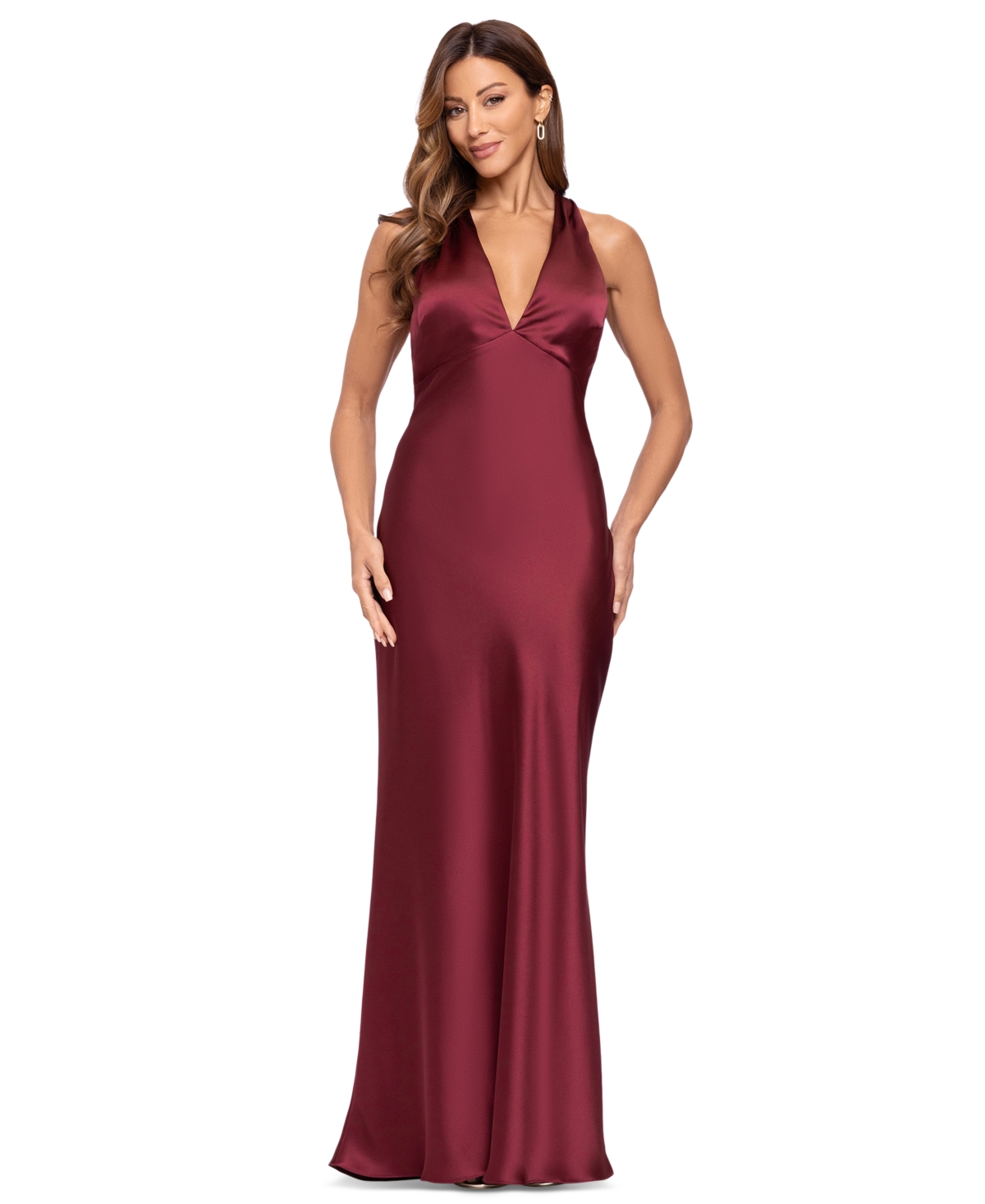Click here for Xscape Womens Satin Halter Neck Long Dress - Wine prices