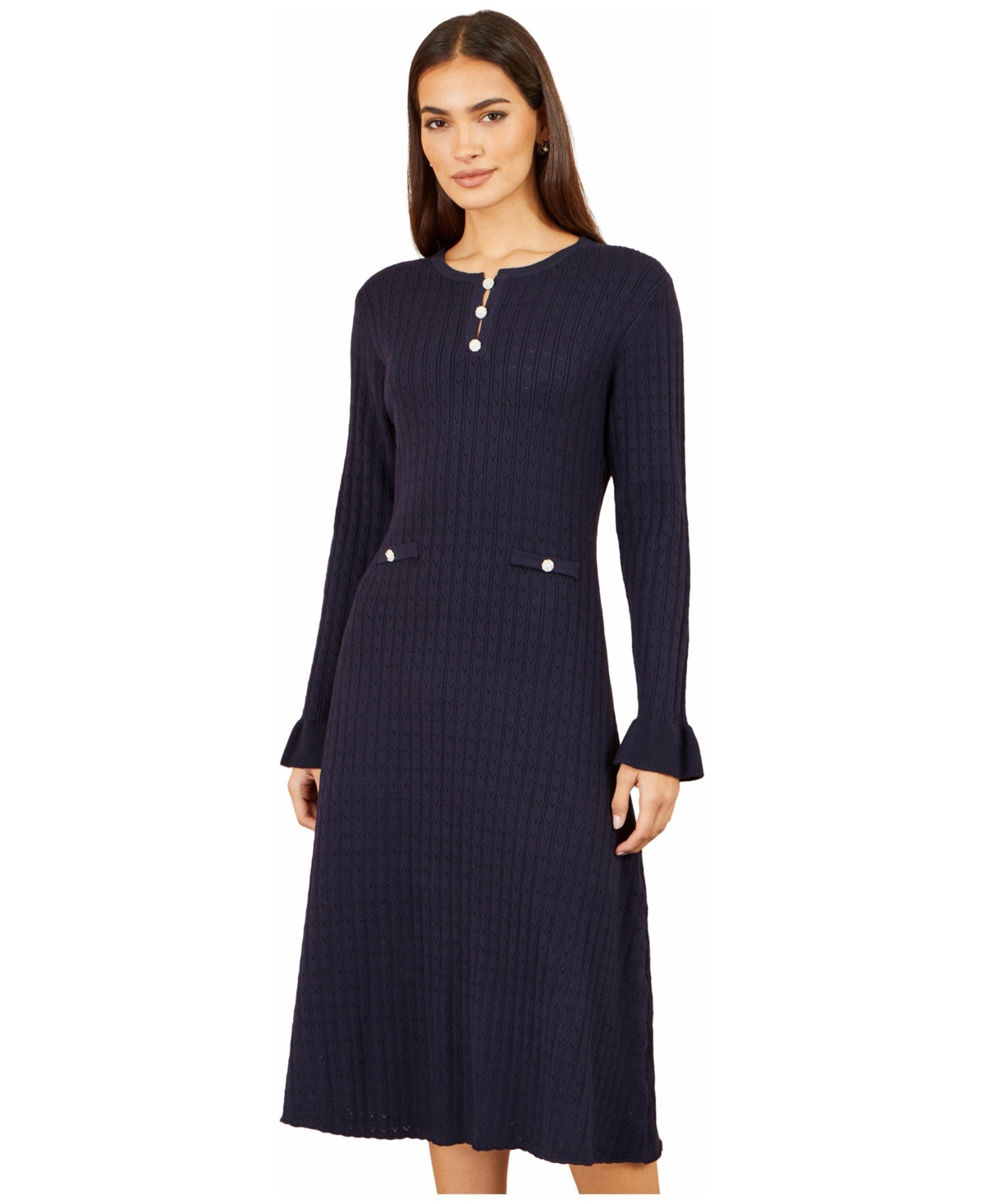 Click here for Yumi Womens Pointelle-Knit A-Line Midi Dress - Nav... prices