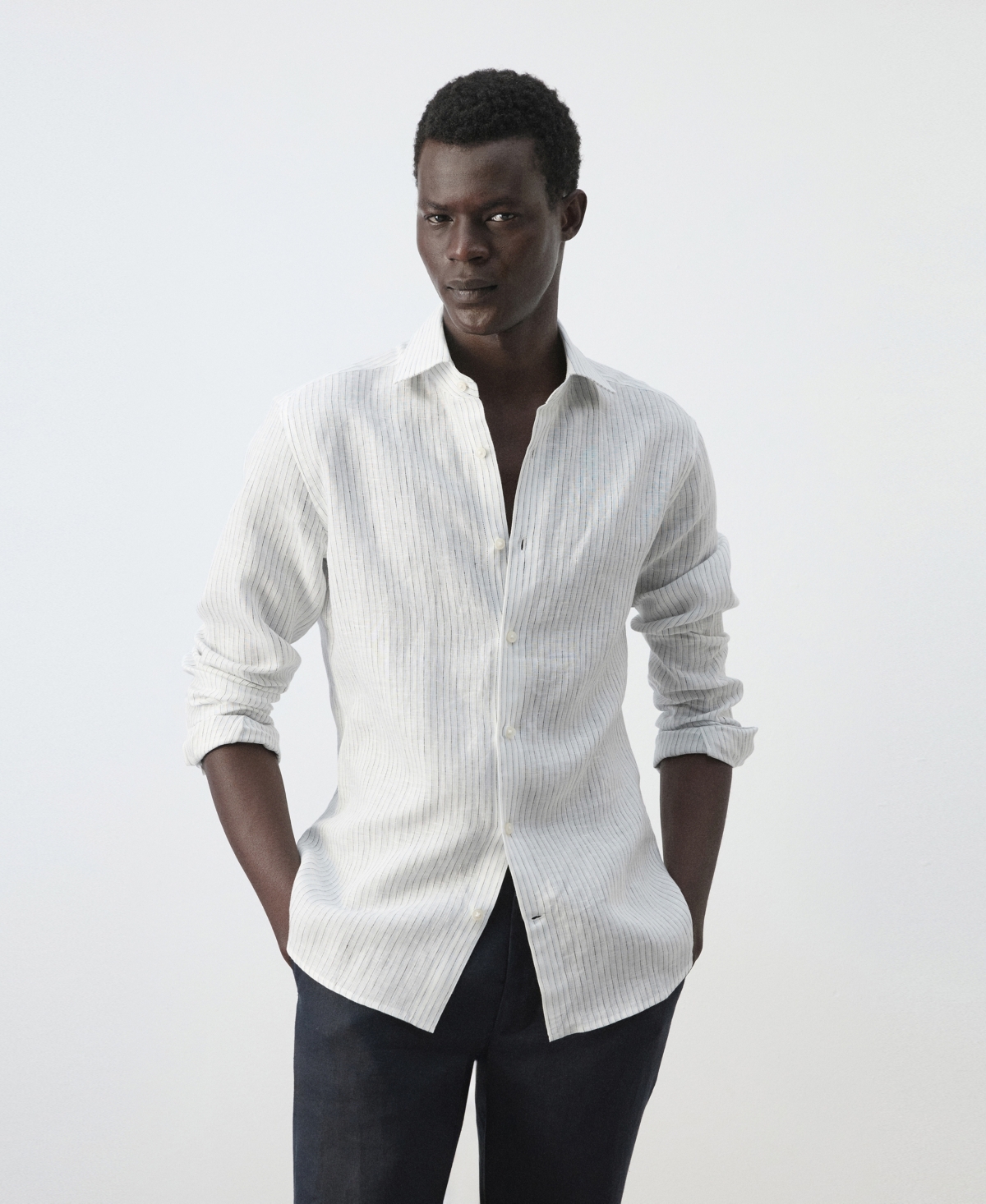 Click here for Mango Mens Linen Slim-Fit Shirt - Sky Blue prices