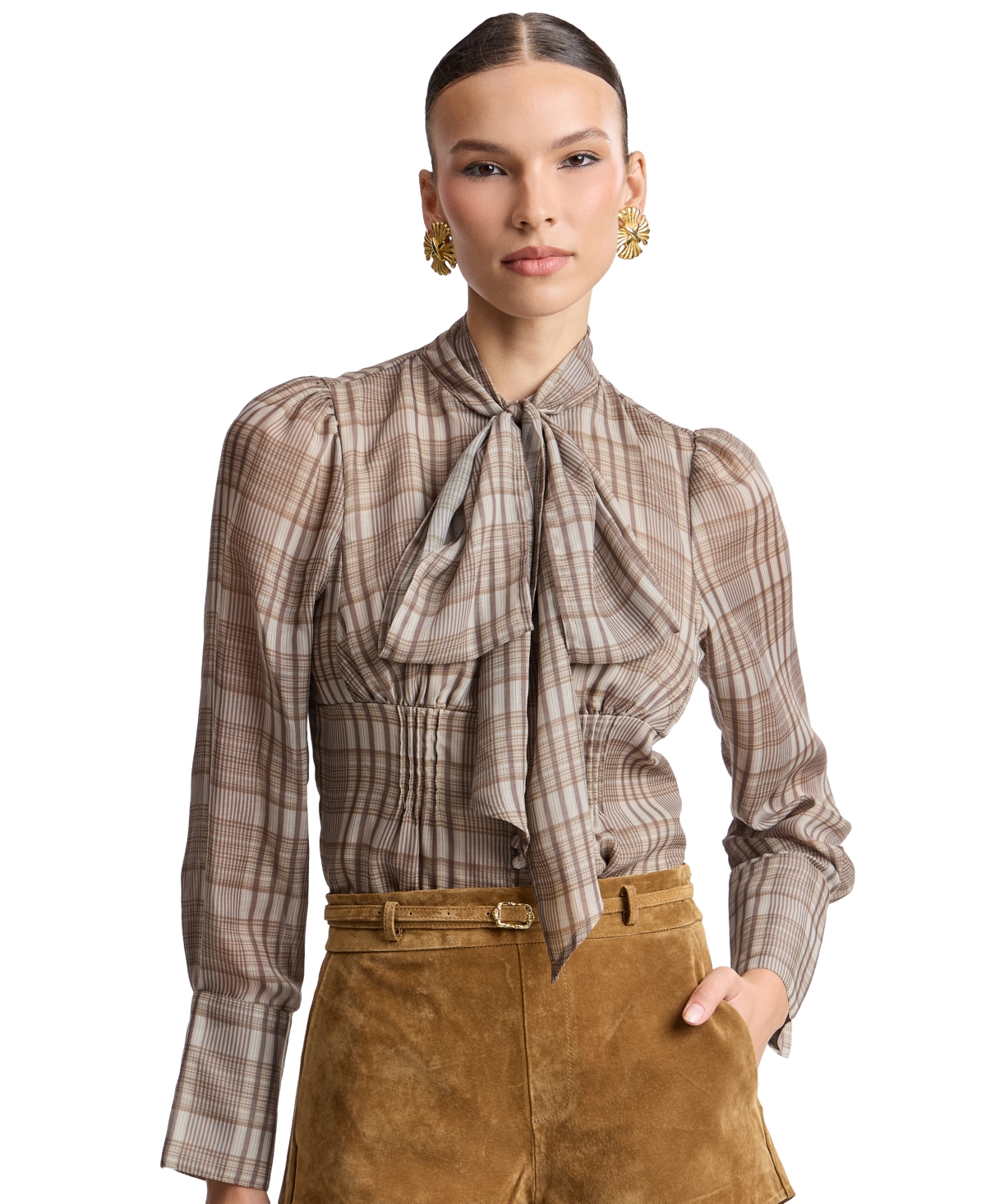 Click here for Avec Les Filles Long Puff-Sleeve Scarf Neck Top -... prices