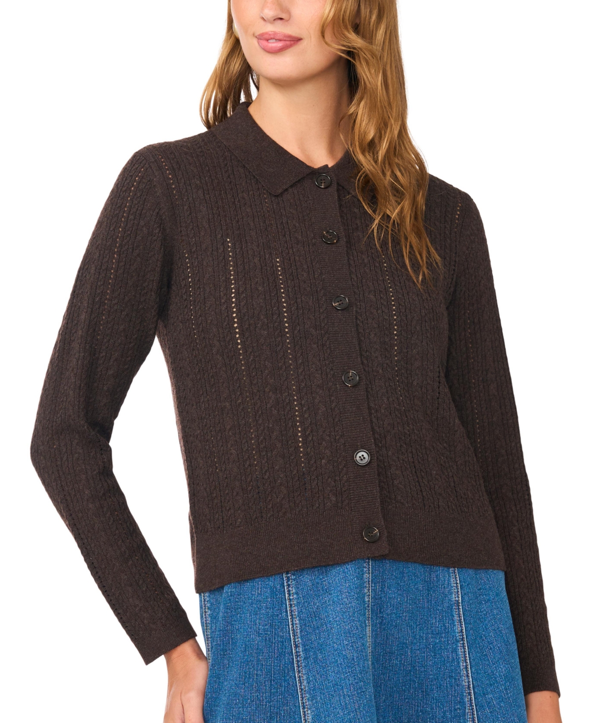 Click here for 1.state Womens Pointelle Cable Collared Cardigan -... prices