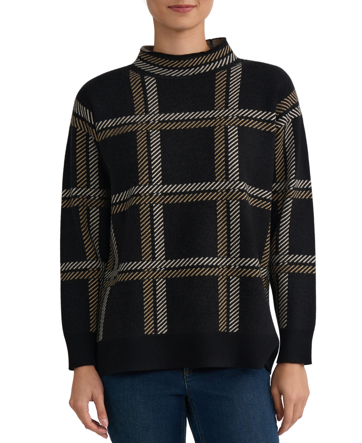 Click here for Jones New York Petite Mock Neck Plaid Long-Sleeve... prices