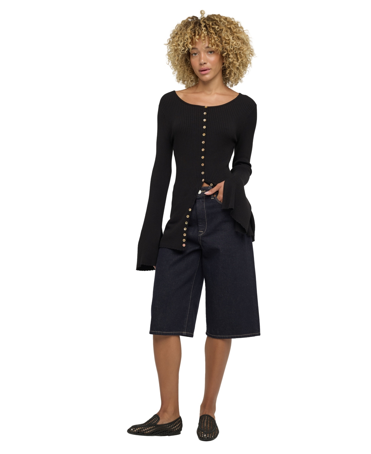 Click here for Blank Nyc Womens Ribbed-Knit Bell-Sleeve Button-Up... prices