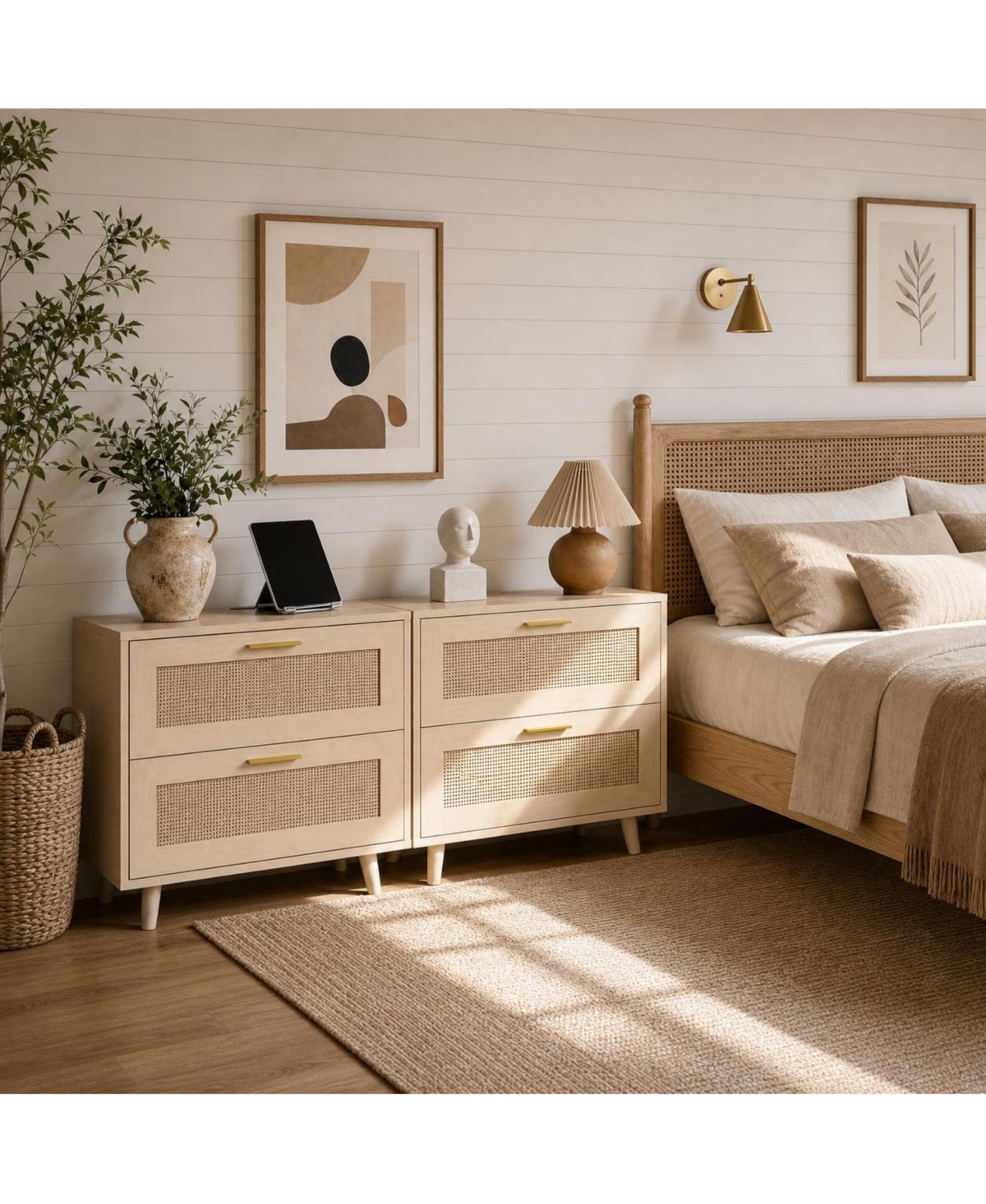 Click here for Rattan Nightstands Set of 2 - Oak Bedside Tables w... prices