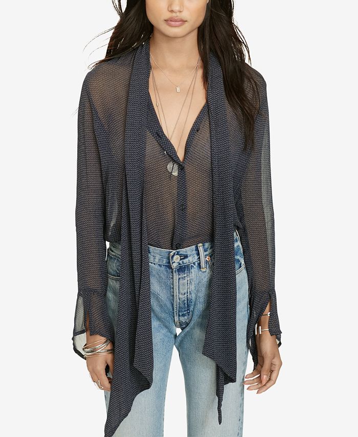 Denim & Supply Ralph Lauren Diamond-Print Tie-Neck Blouse - Macy's