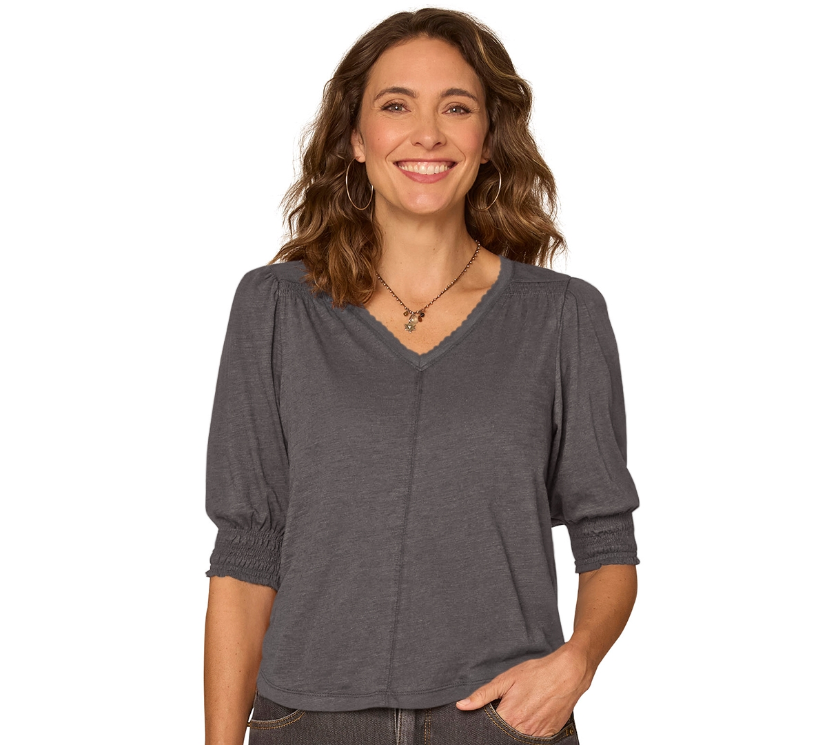 Click here for Democracy Petite Elbow-Length Blouson Scalloped V-... prices