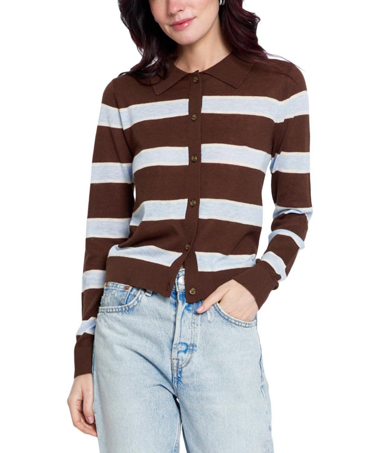 Click here for Central Park West Womens Quinn Striped Sheer Butto... prices