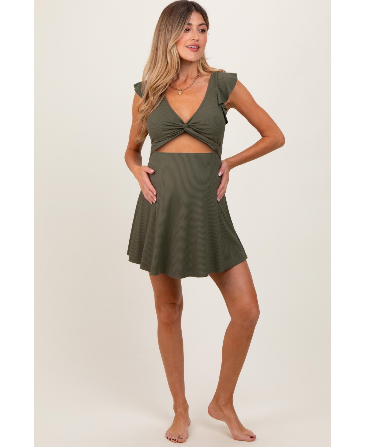 Click here for Pinkblush Womens Olive Ribbed Ruffle Twist Front S... prices