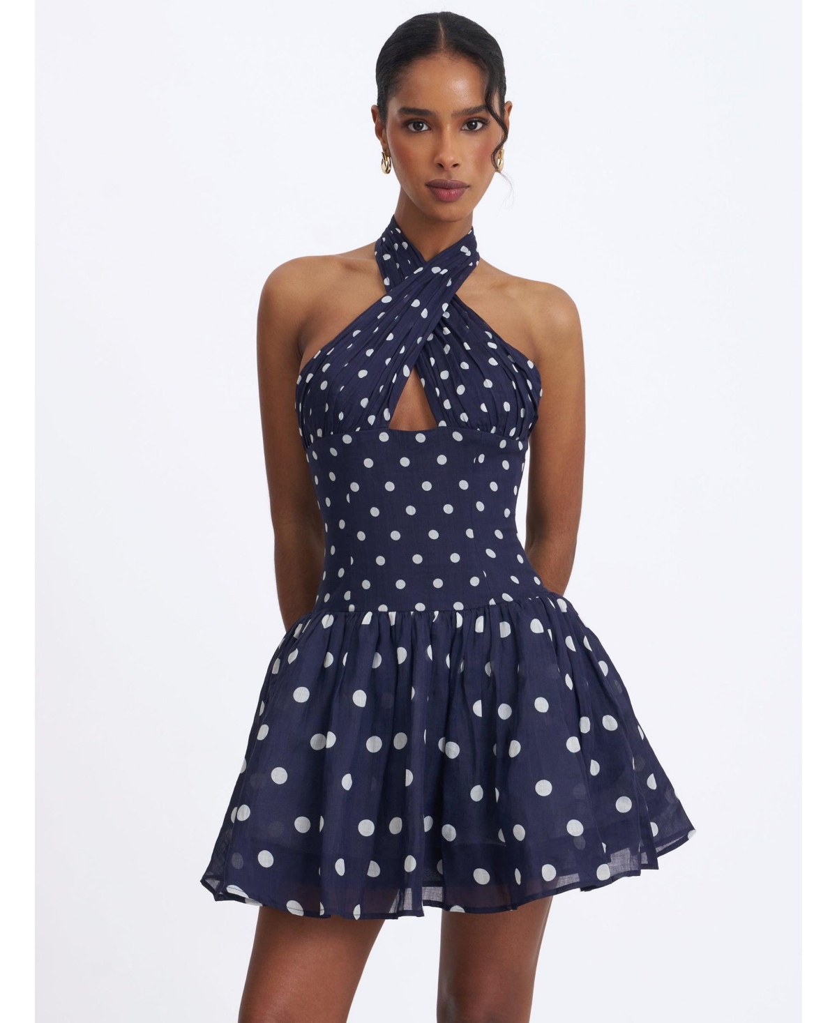 Click here for Miss Circle Womens Yamina Navy Polka Dot Ramie Cro... prices