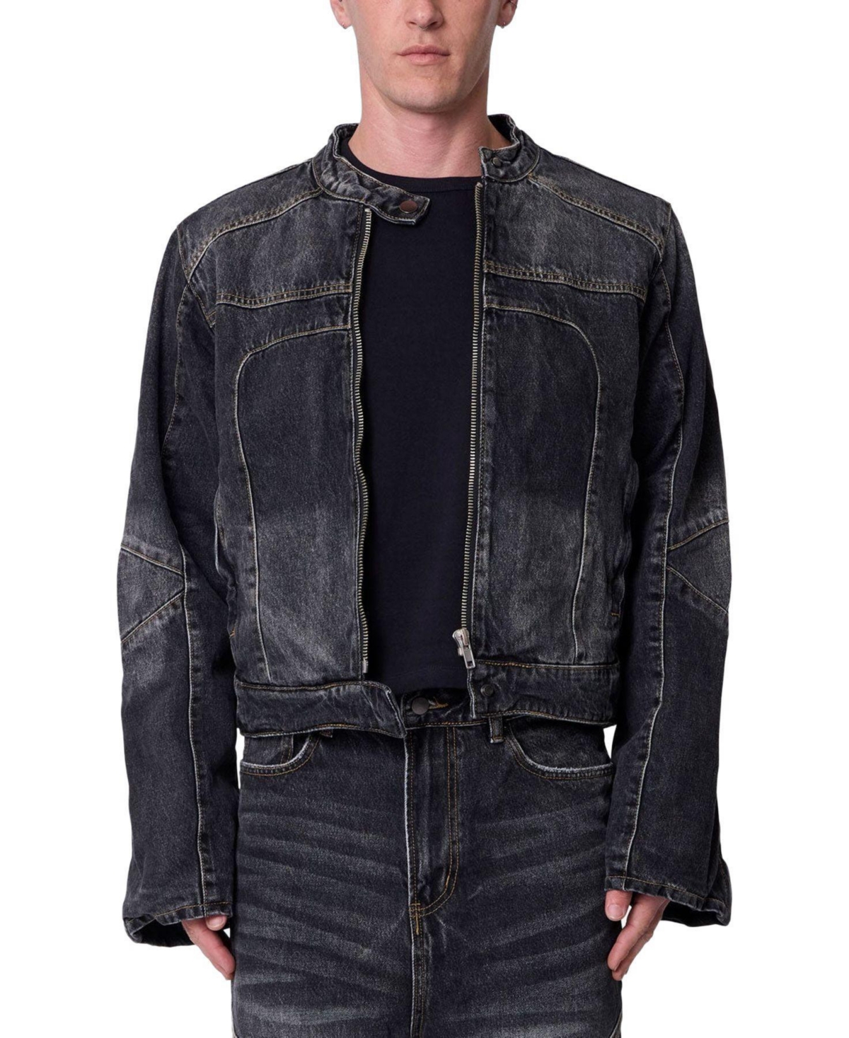 Click here for mnml Mens Panelled Moto Denim Jacket prices