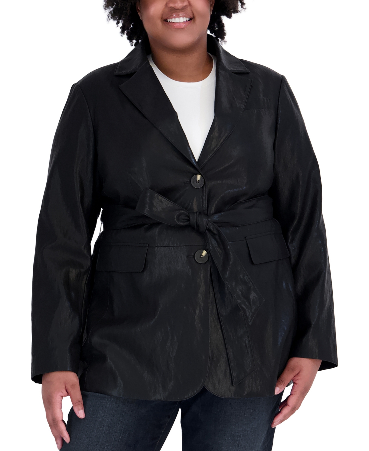 Click here for Tahari Plus Size Belted Faux Leather Trench Coat -... prices