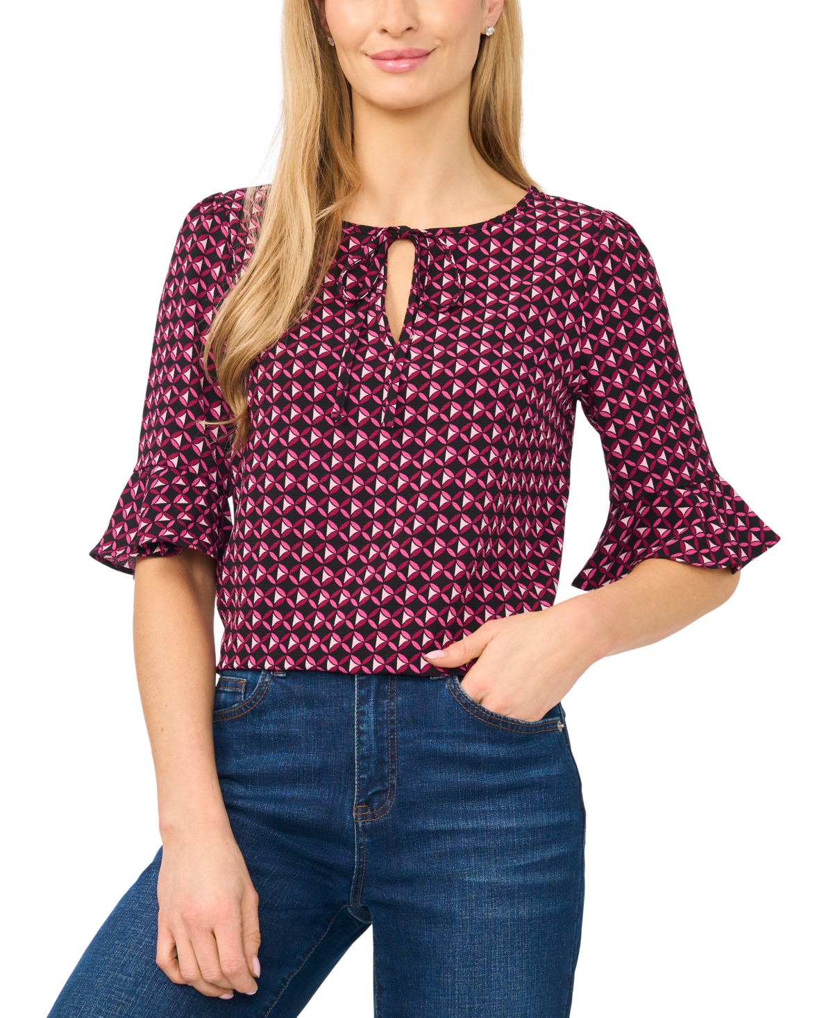 Click here for CeCe Womens Split-Tie-Neck 3/4-Sleeve Ruffle-Cuff... prices