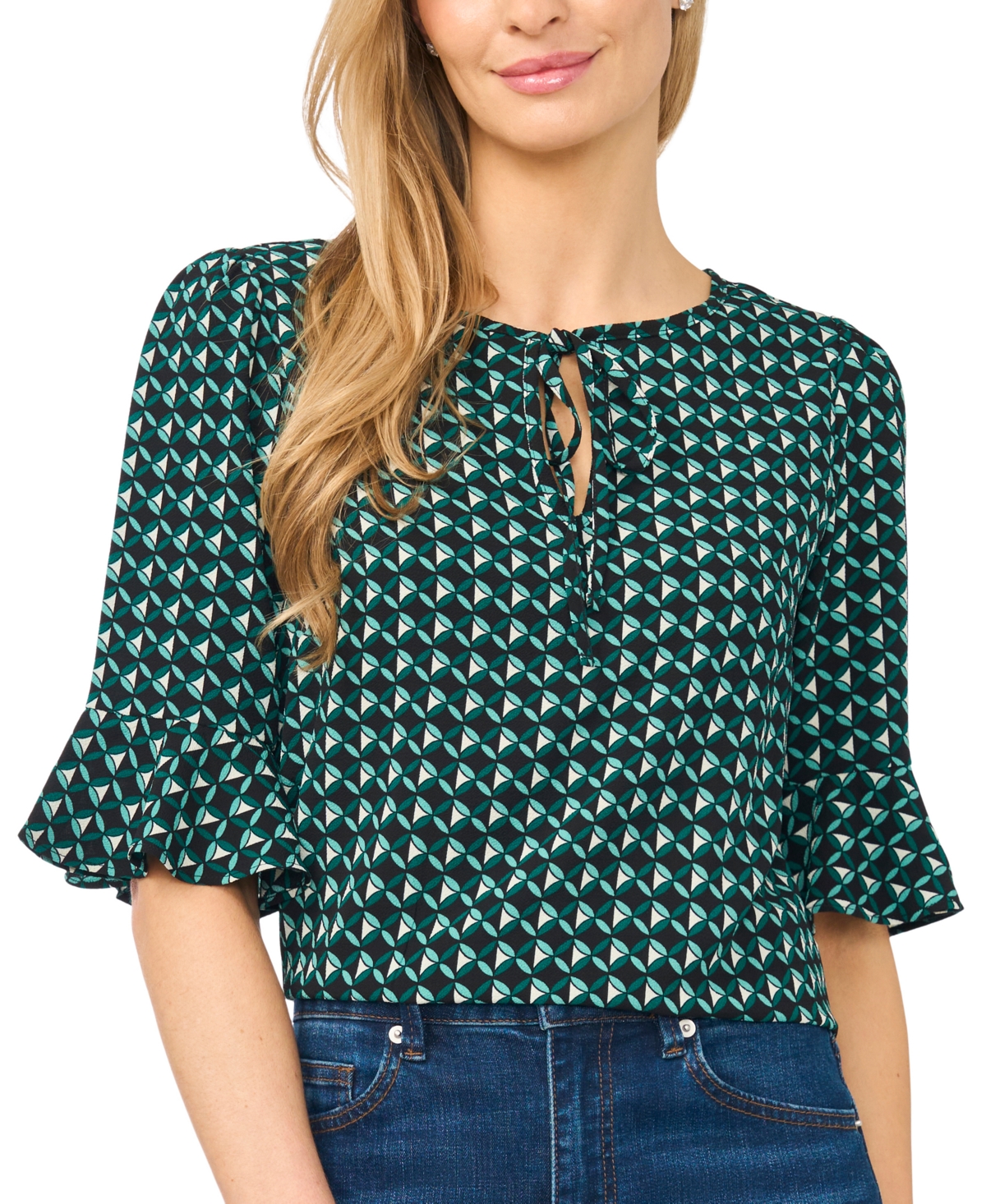Click here for CeCe Womens Split-Tie-Neck 3/4-Sleeve Ruffle-Cuff... prices