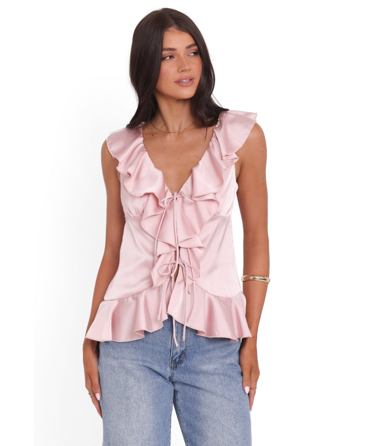 Click here for Petal and Pup Womens Orelia Satin Ruffle V-Neck To... prices