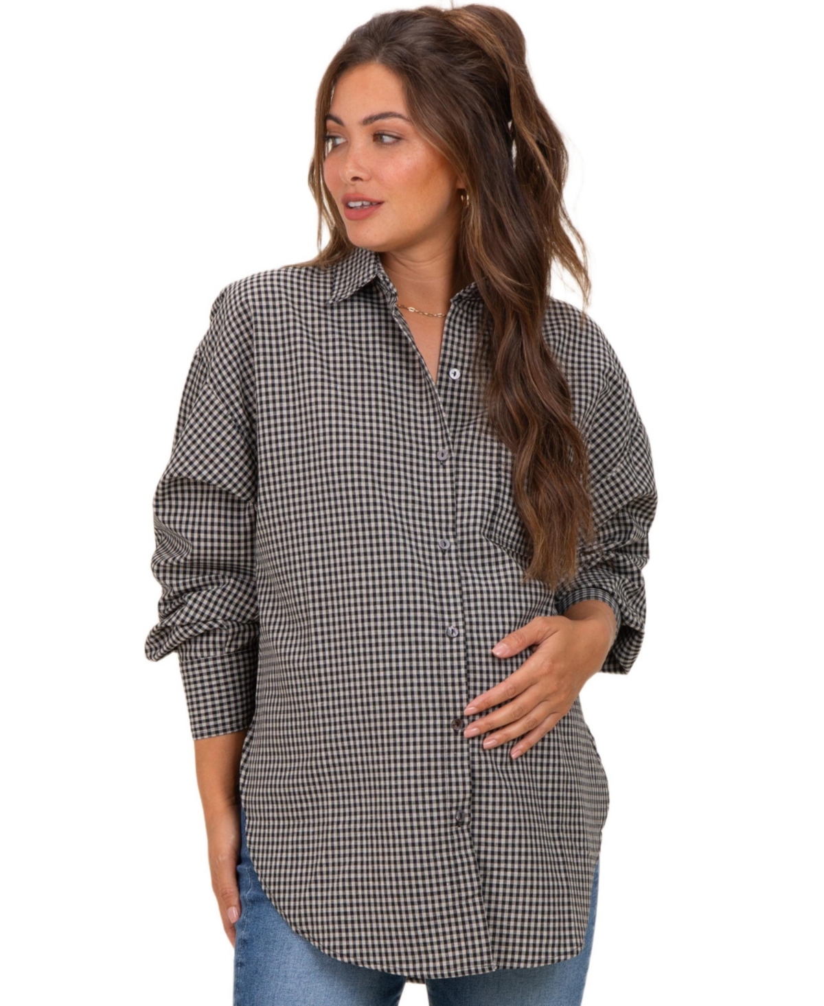 Click here for Pinkblush Maternity Plaid Linen-Blend Collared But... prices