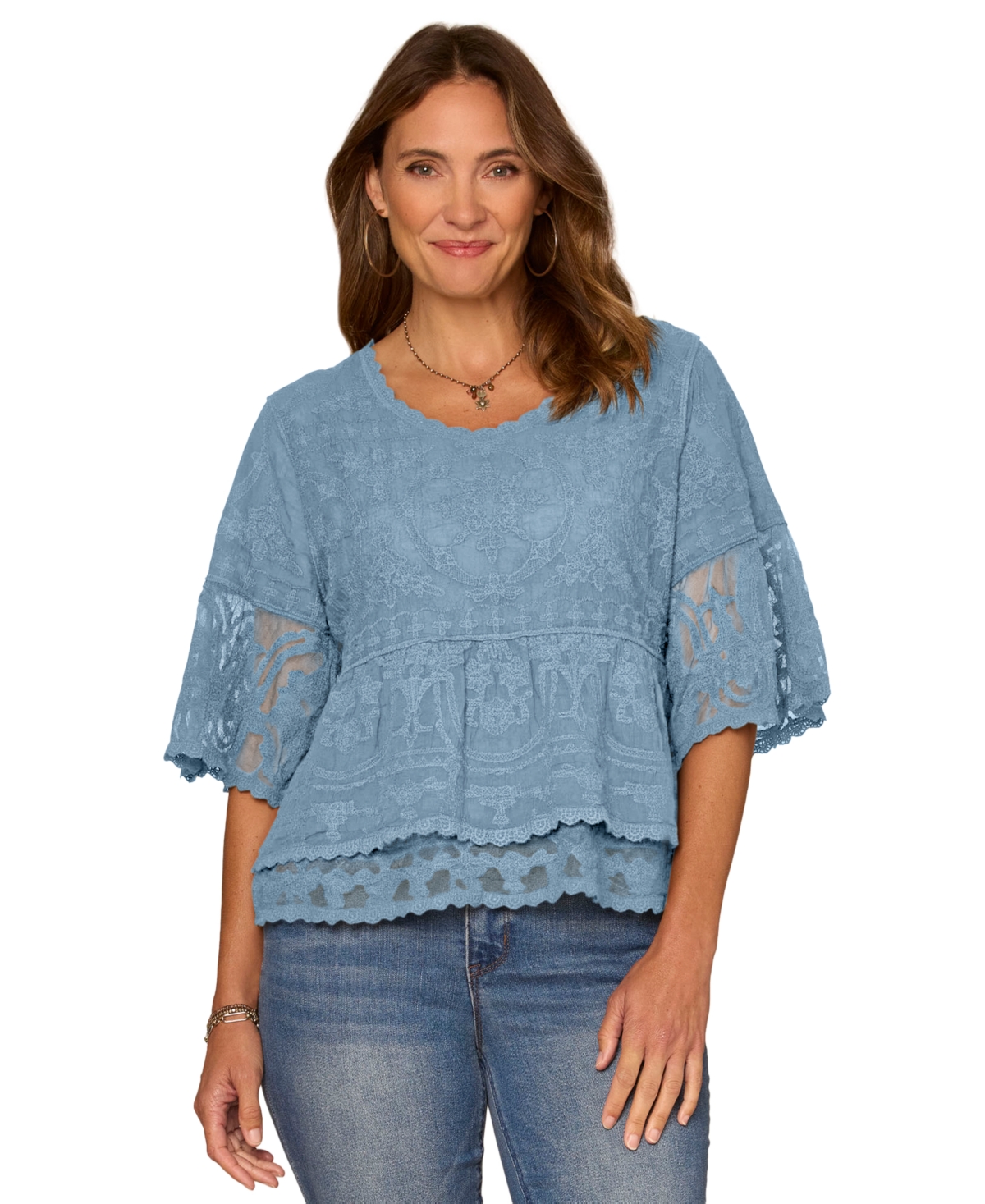 Democracy Petite Lace Double Bell Flounce Top - Horizon Blue