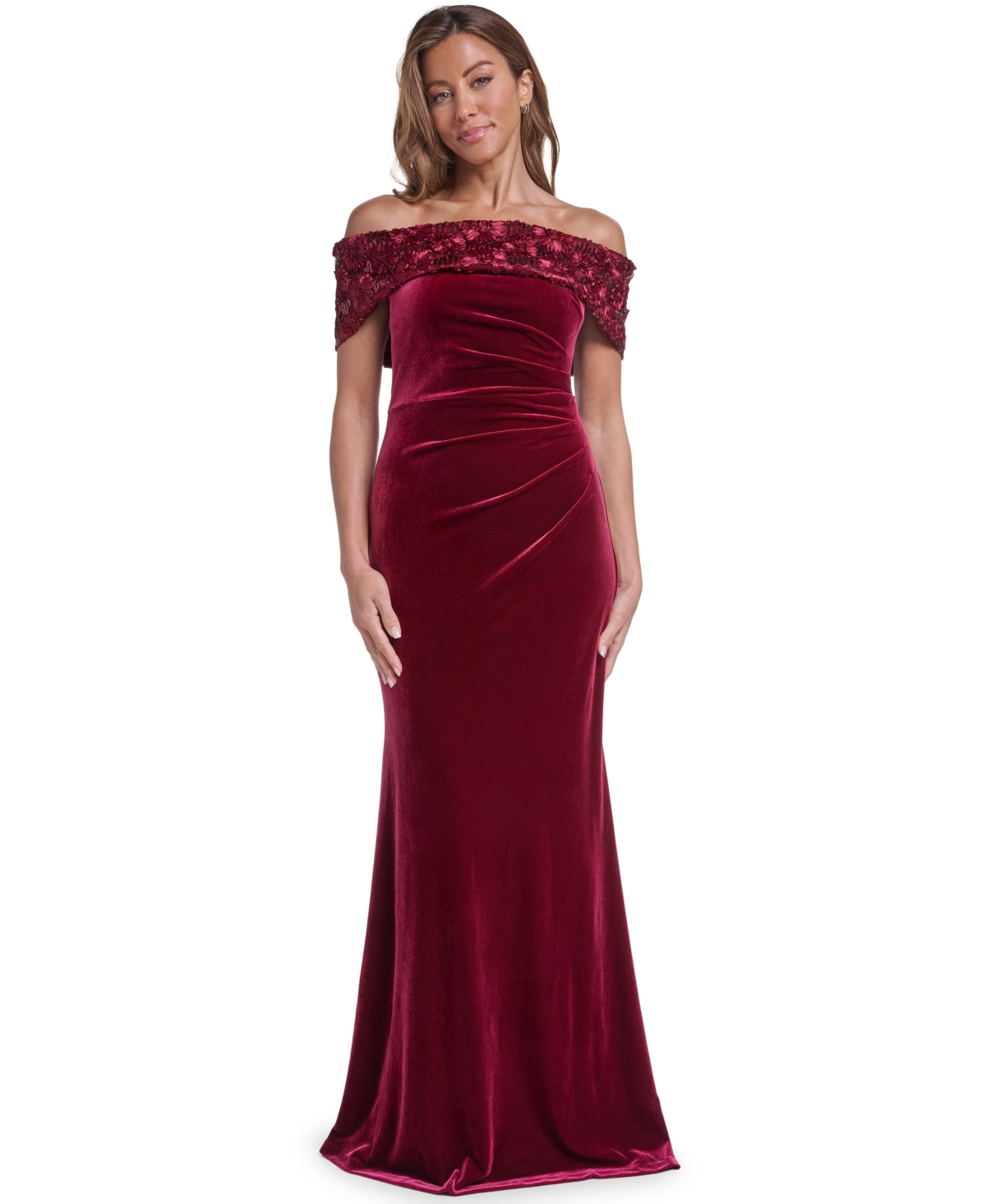 Click here for Eliza J Womens Off the Shoulder Side Tuck Velvet F... prices