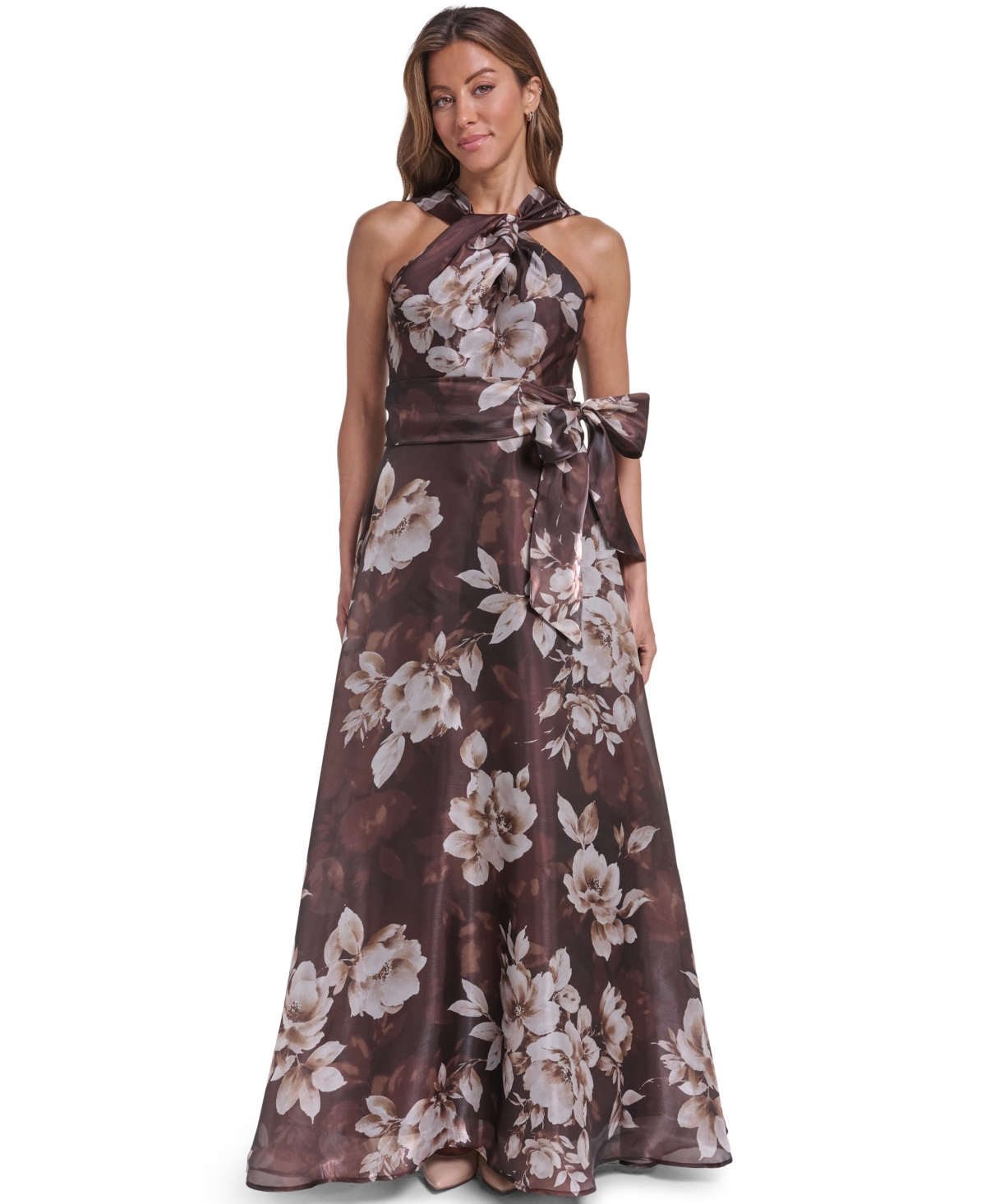 Click here for Eliza J Womens Twist Neck Ballgown Floral Halter W... prices