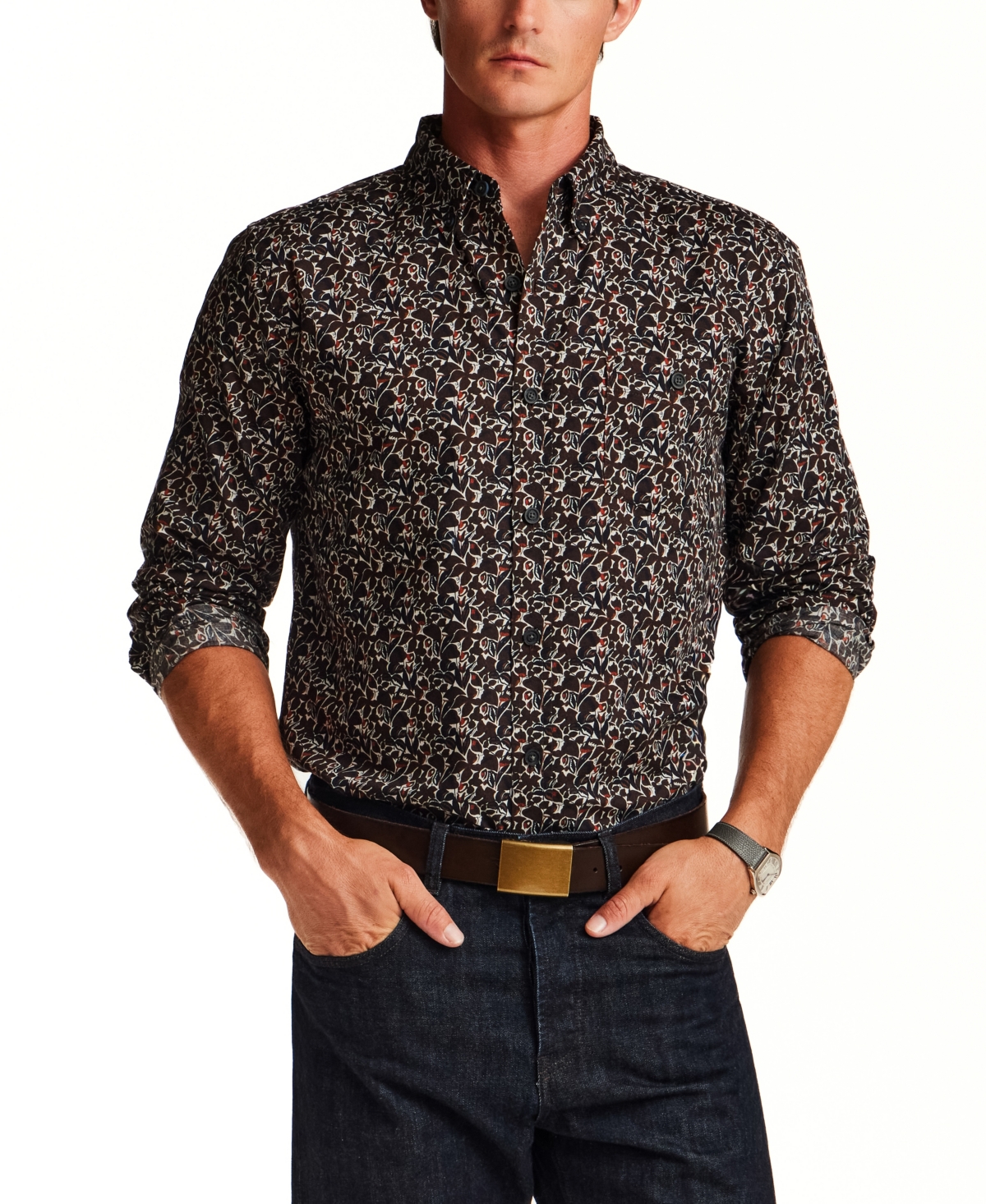 Click here for Vintage & Black Mens Floral Poplin Regular-Fit Shi... prices