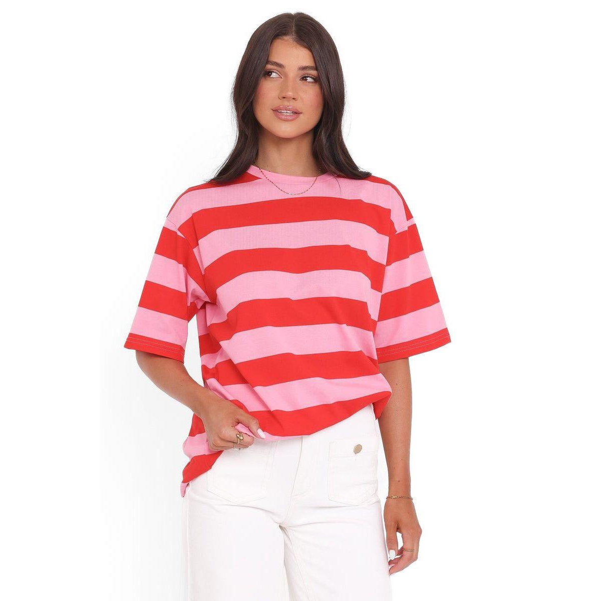 Click here for Petal and Pup Womens Zestora Tee - Red pink stripe prices