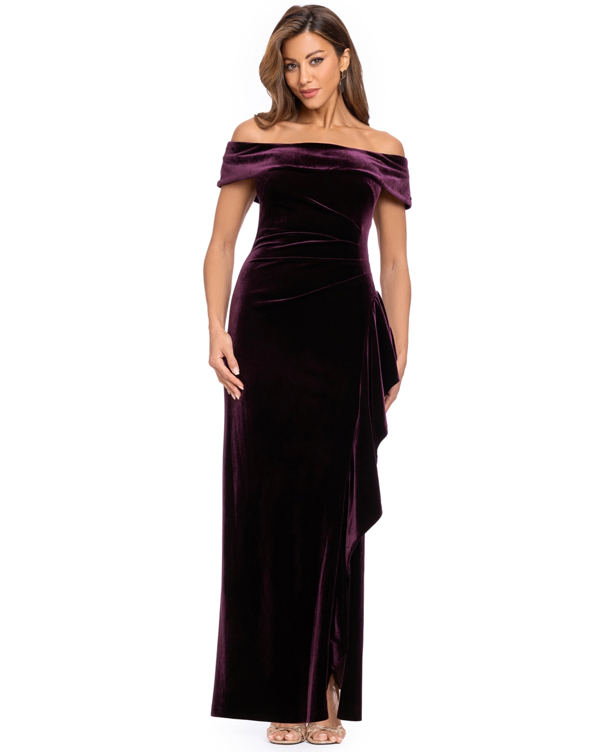 Click here for Xscape Womens Velvet Off-the-Shoulder Ruffle Gown... prices
