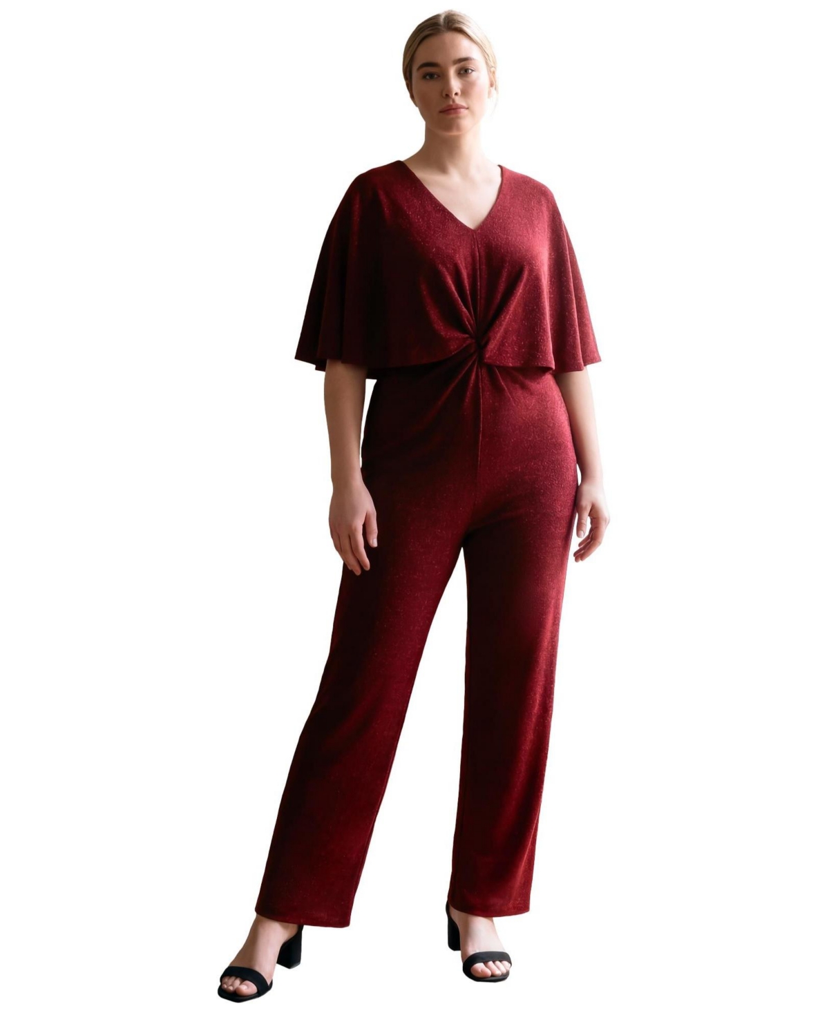 Click here for Avenue Plus Size Twist Cape Metallic Jumpsuit - Re... prices