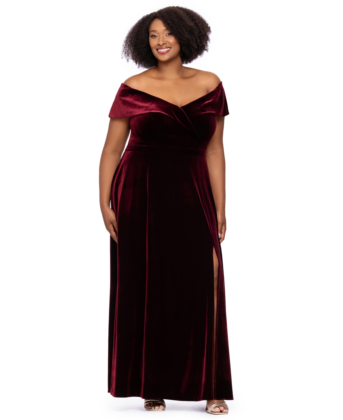 Click here for Xscape Plus Size Velvet Off-the-Shoulder A-Line Go... prices