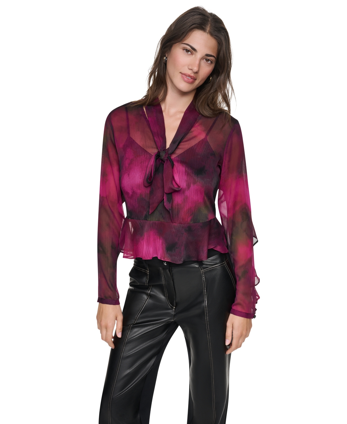 Click here for Dkny Womens Long-Sleeve Wavy Print Tie-Neck Chiffo... prices