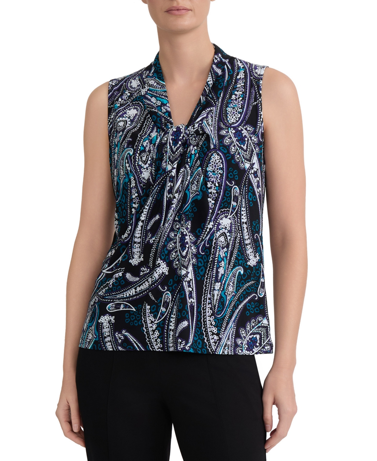 Click here for Kasper Womens V-Knot-Neck Sleeveless Blouse - Blac... prices