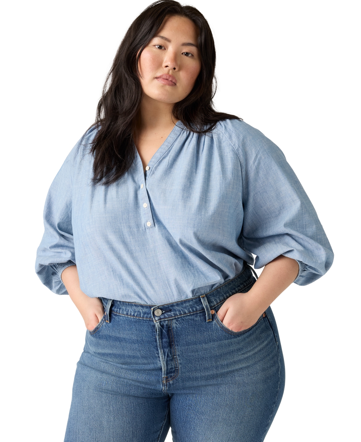 Click here for Levis Plus Size V-Neck Chambray Relaxed-Fit Reveri... prices