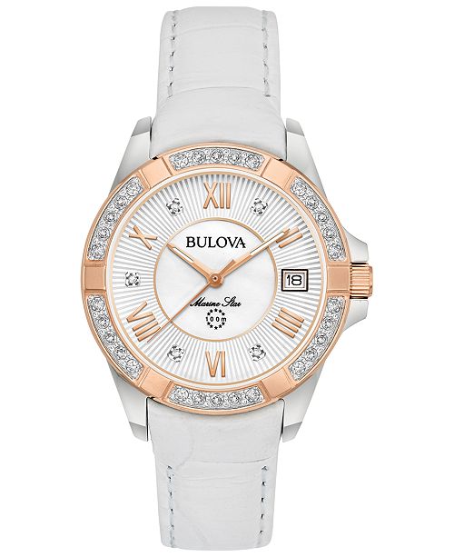 Bulova Women's Diamond Accent Marine Star White Leather Strap Watch ...