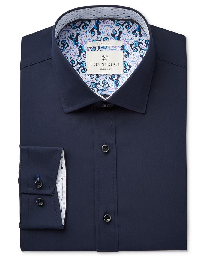 ConStruct Con.Struct Men's Fitted Stretch Navy Poplin Dress Shirt - Macy's