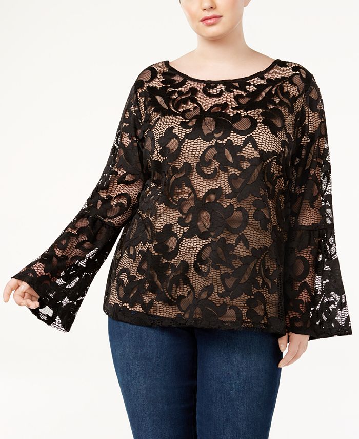 INC International Concepts I.N.C. Plus Size Lace Bell-Sleeve Blouse ...