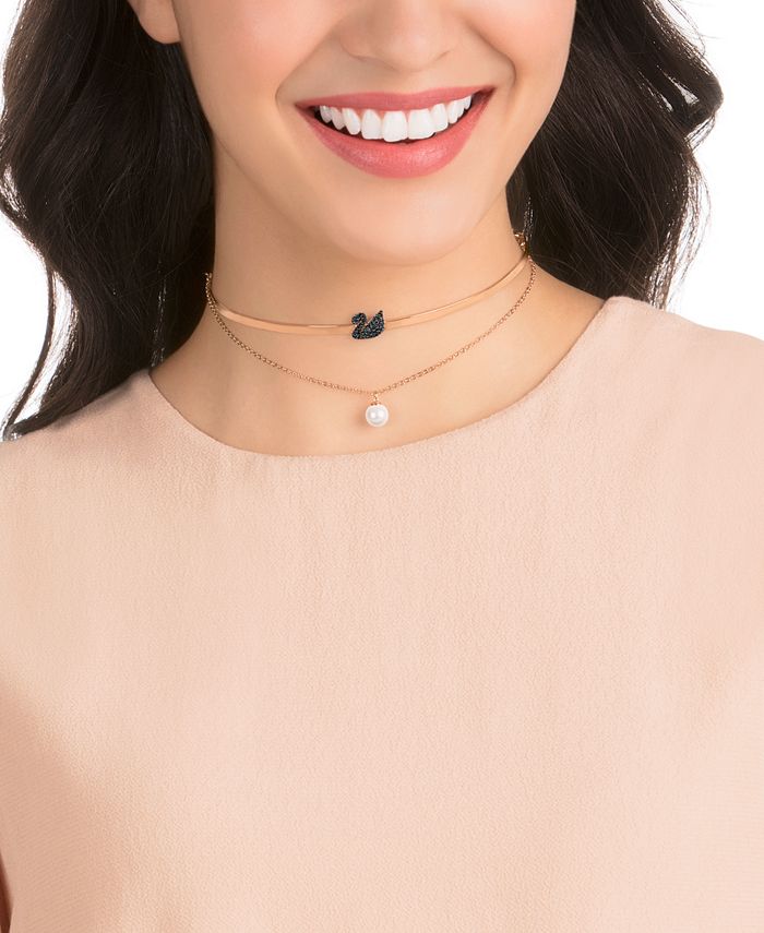 Swarovski Rose Gold-Tone Crystal Swan and Imitation Pearl Two-Layer ...
