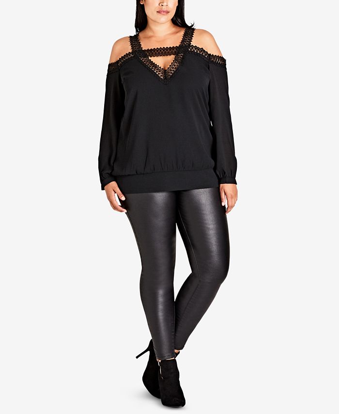 City Chic Trendy Plus Size Lace Trim Cold Shoulder Top Macys