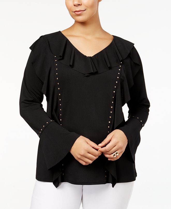 Belldini Plus Size Ruffled Studded Blouse & Reviews - Tops - Plus Sizes ...