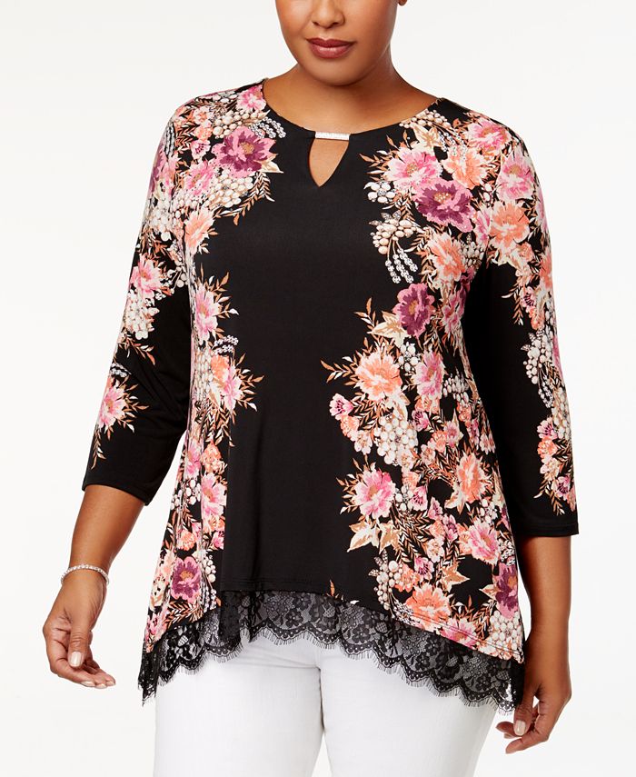 JM Collection Plus Size Printed Lace-Hem Tunic, Created for Macy's - Macy's