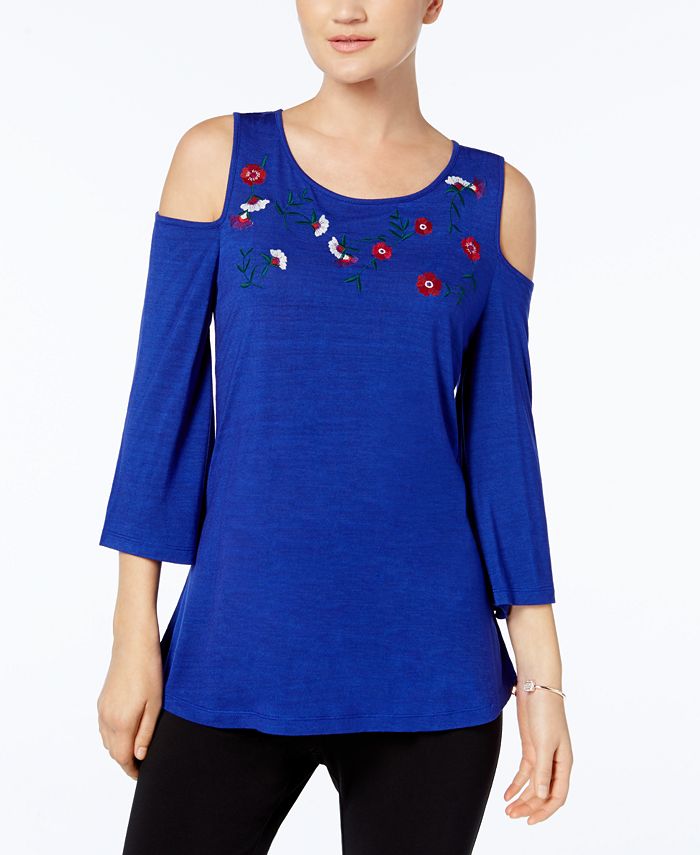 NY Collection Embroidered Cold-Shoulder Top - Macy's