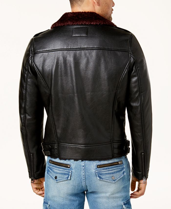 GUESS Men's Faux-Leather Fleece-Lined Biker Jacket - Macy's